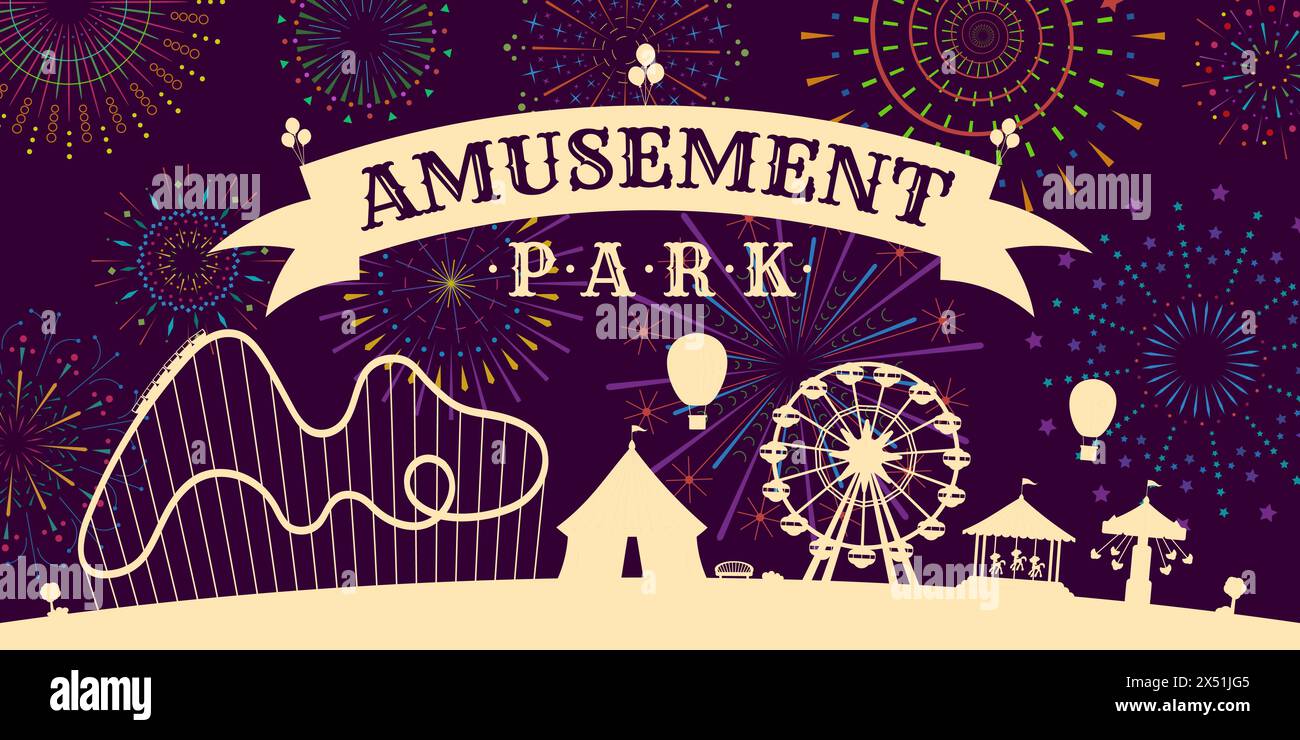 Amusement park poster with firework on night sky. Carnival funfair ...