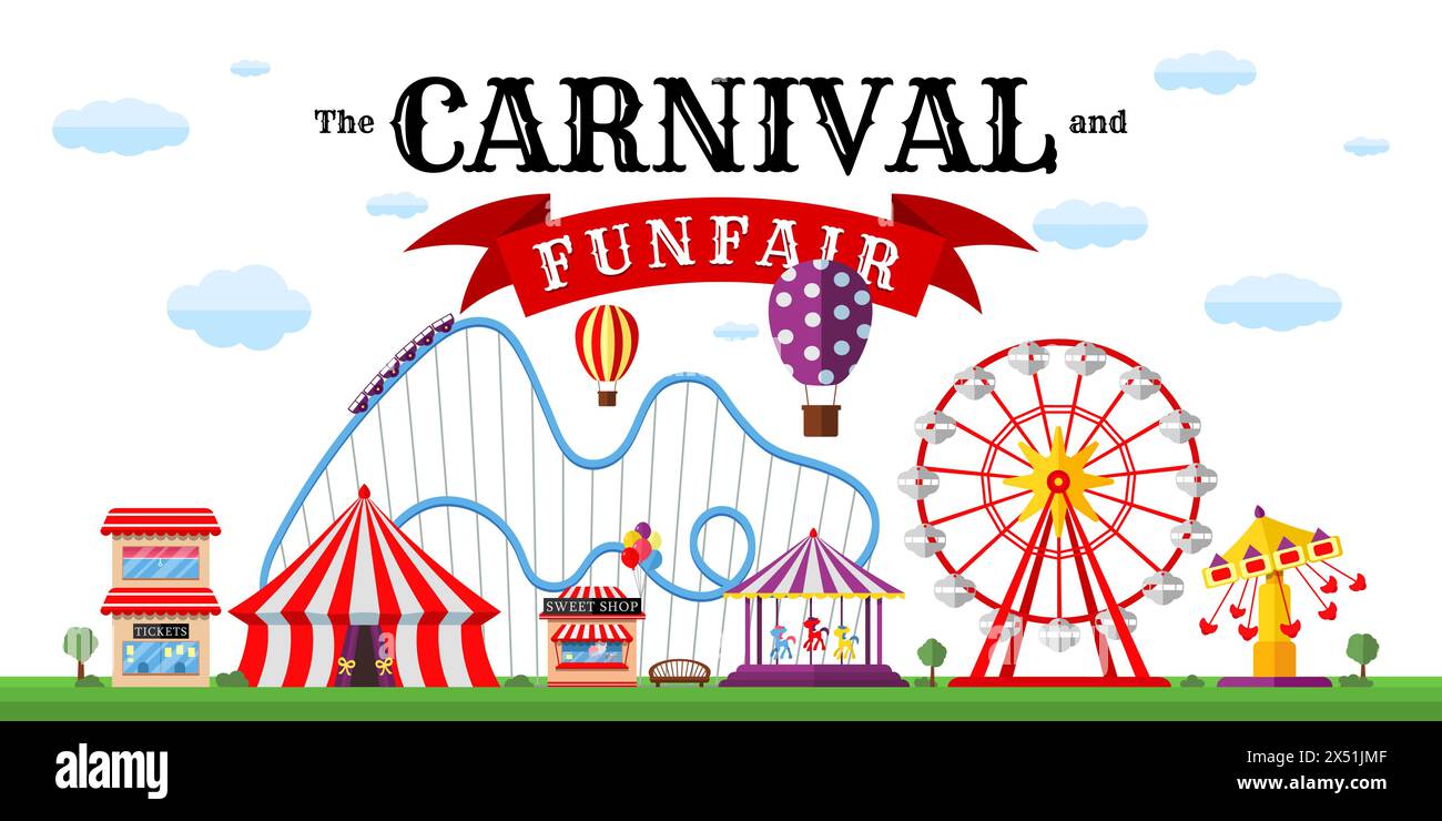 Carnival funfair horizontal banner. Amusement park with circus ...