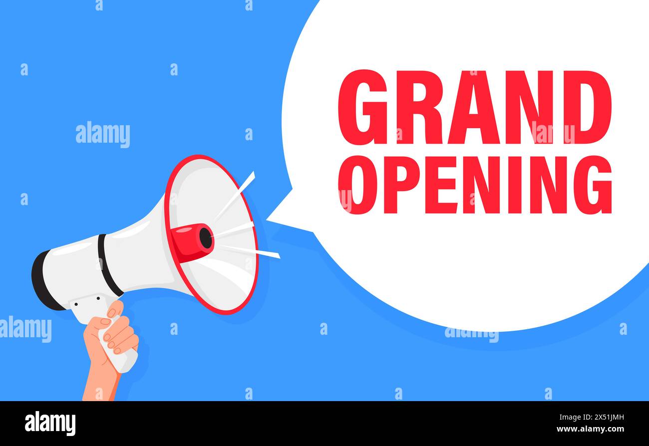 Grand Opening. Hand hold megaphone speaker for announce. Attention ...