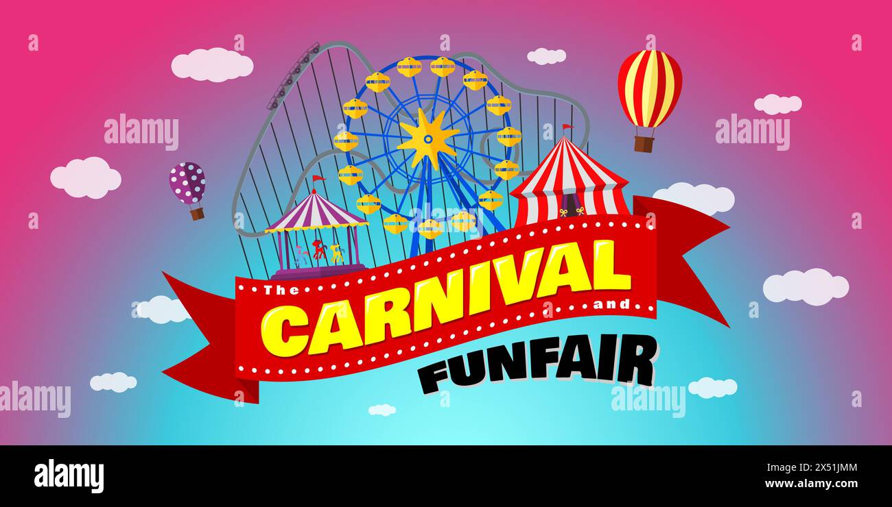 Carnival funfair horizontal banner design template. Amusement park with ...