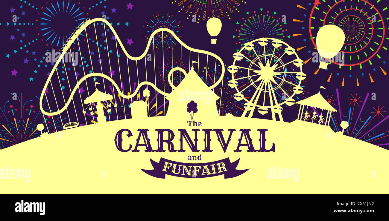 Carnival funfair horizontal banner with firework on night sky ...