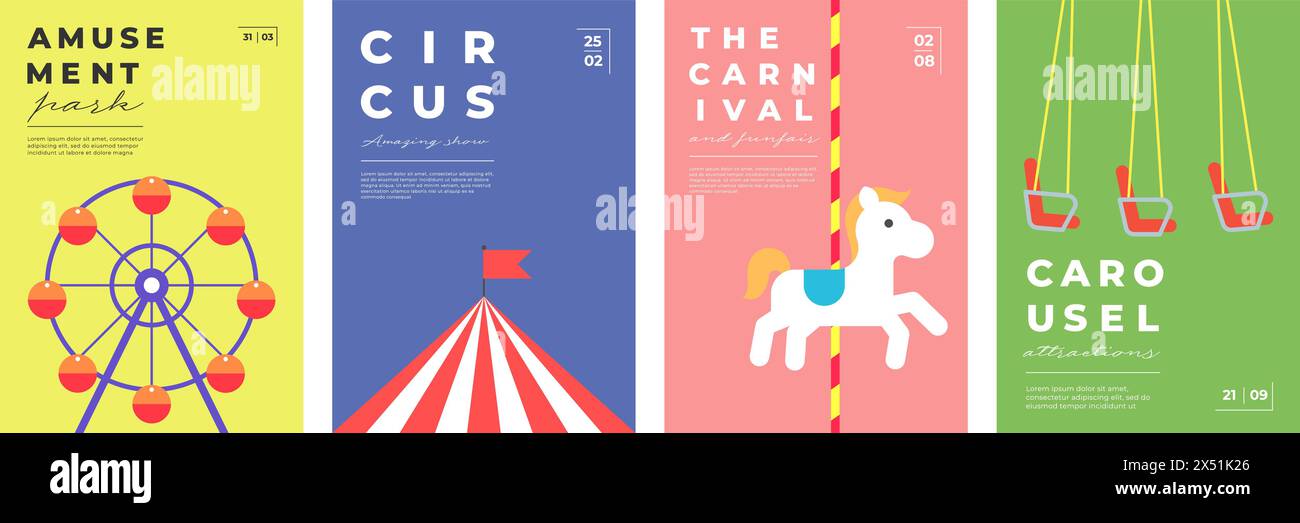 Amusement park festive minimal trendy poster set. Ferris wheel and ...