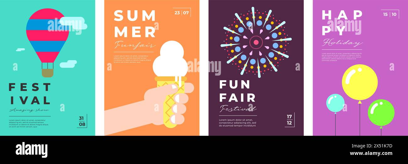 Amusement park festive minimal trendy poster set. Hot air balloon and ...