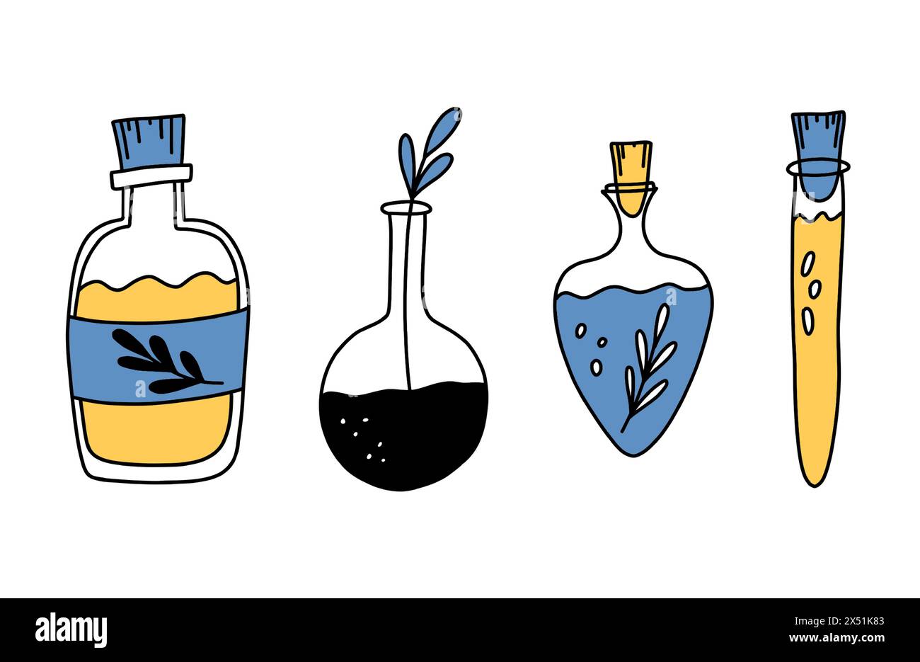 Set of Hand drawn Doodles with pharmaceutical flasks, beakers and test ...
