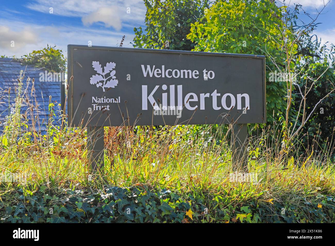 A welcome sign at the entrance to Killerton House, an 18th-century ...