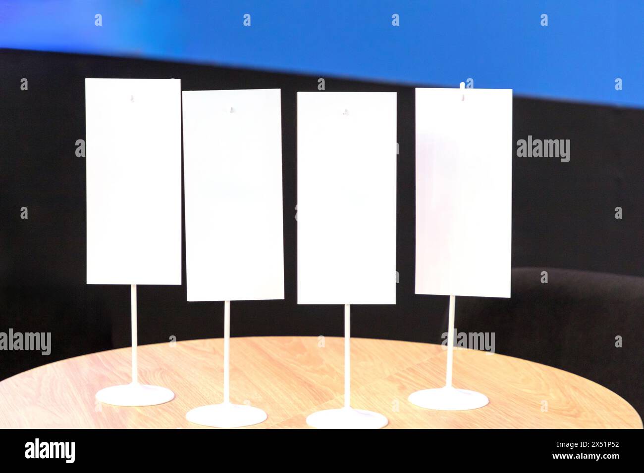 Blank white table flags on plastic poles for company identity Stock ...