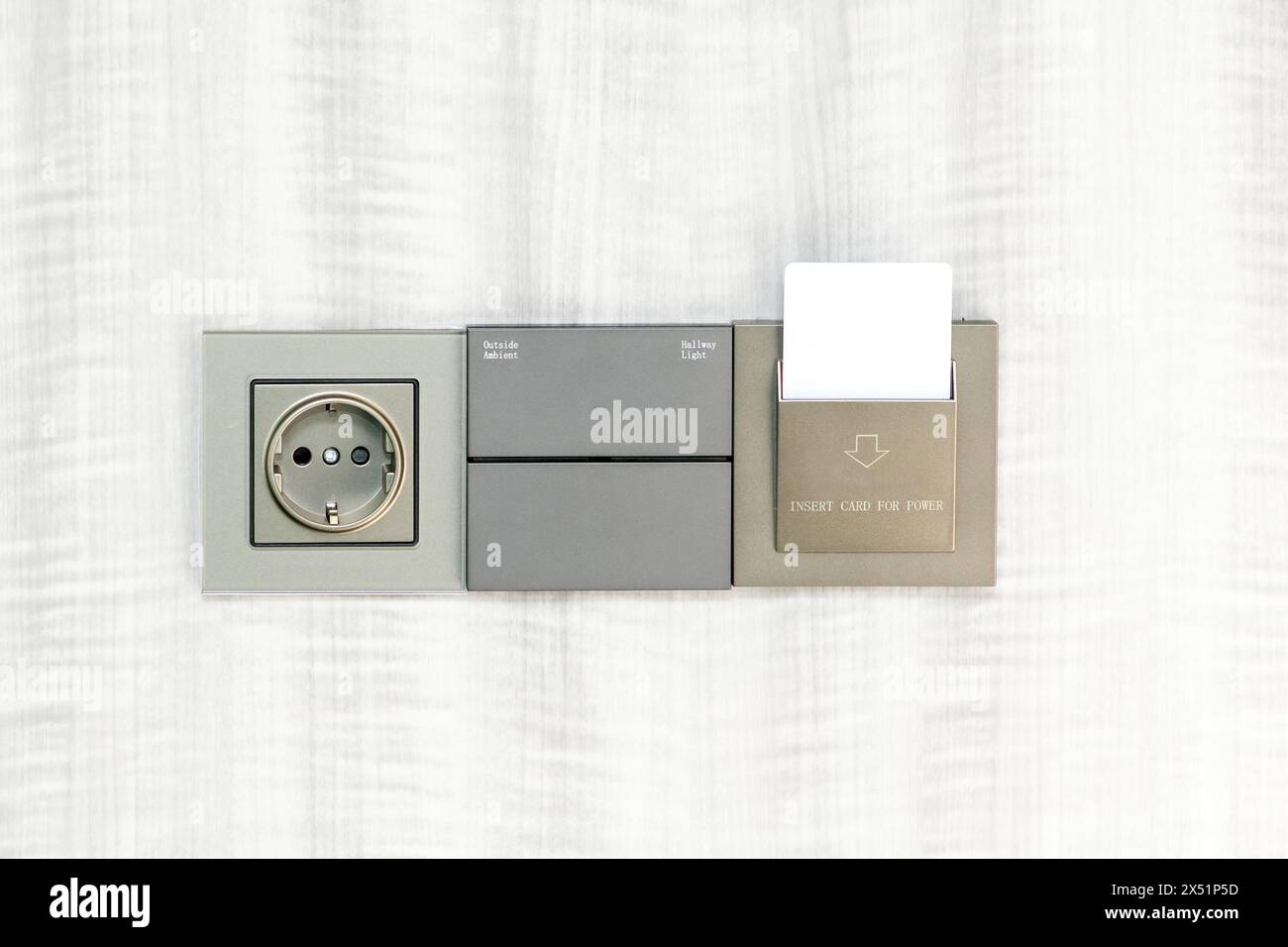 Hotel room with key card inserted in room wall to unlock amenities ...