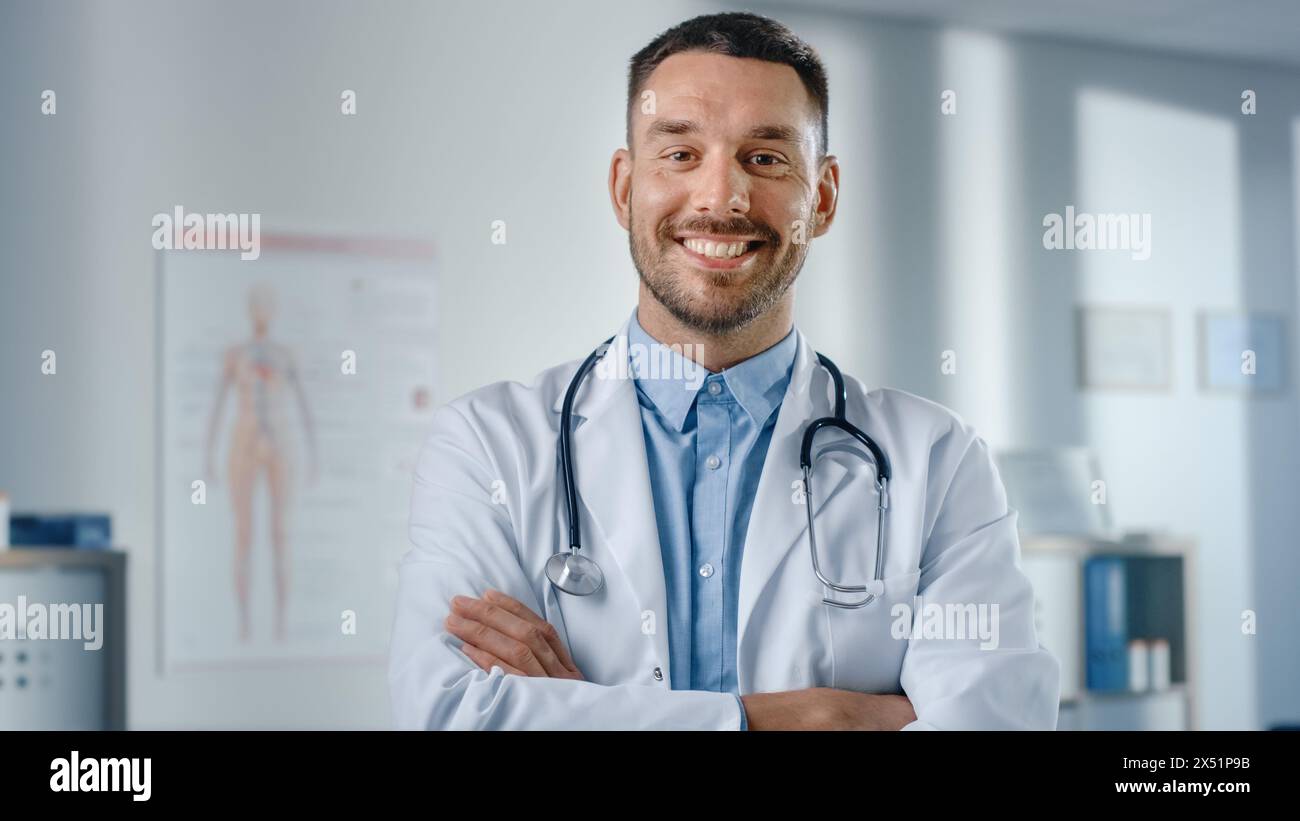 Portrait of Handsome Caucasian Medical Doctor Wearing White Coat and ...