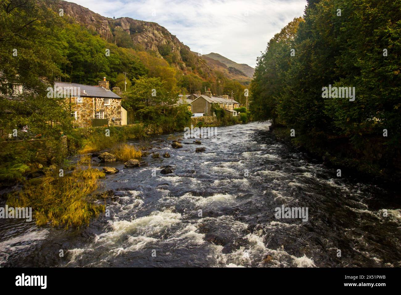 The fast-flowing River Aflon Glalyn where it flows into the Village of ...