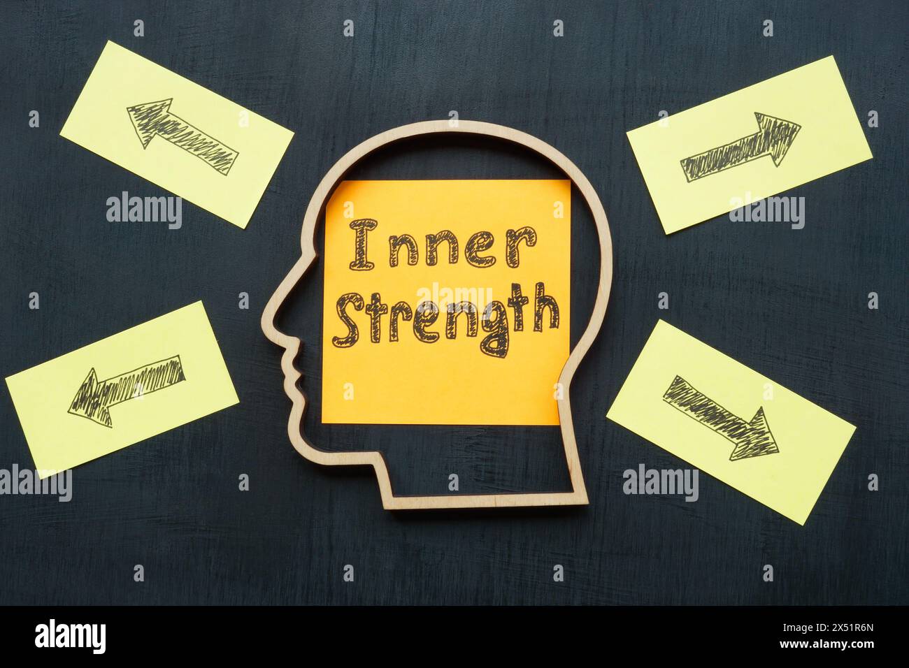 Head outline with arrows and inscription inner strength Stock Photo - Alamy
