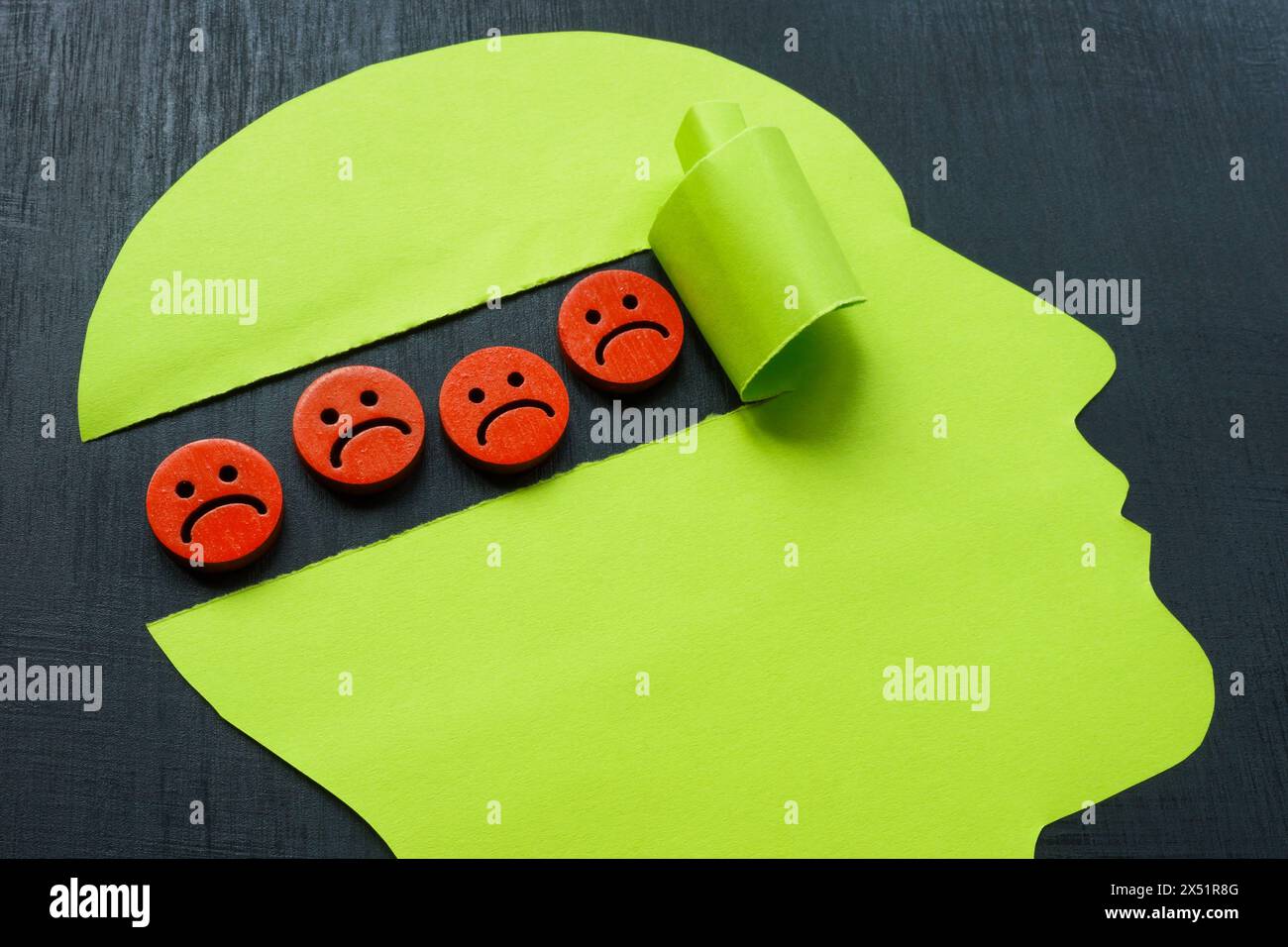 Torn paper head and sad emoticons as a concept of stress and depression ...