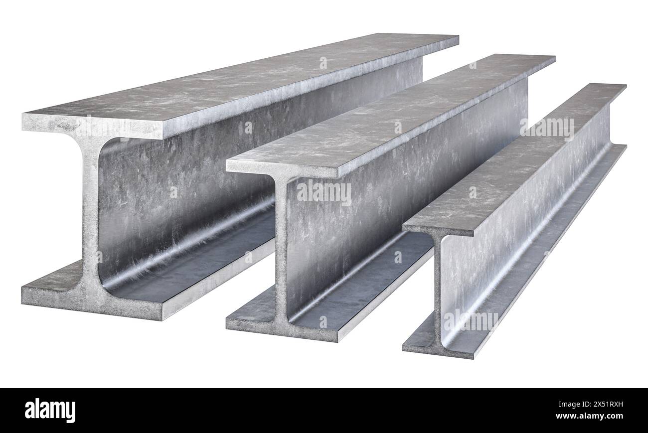 3d illustration of three steel i-beams on a white transparent ...