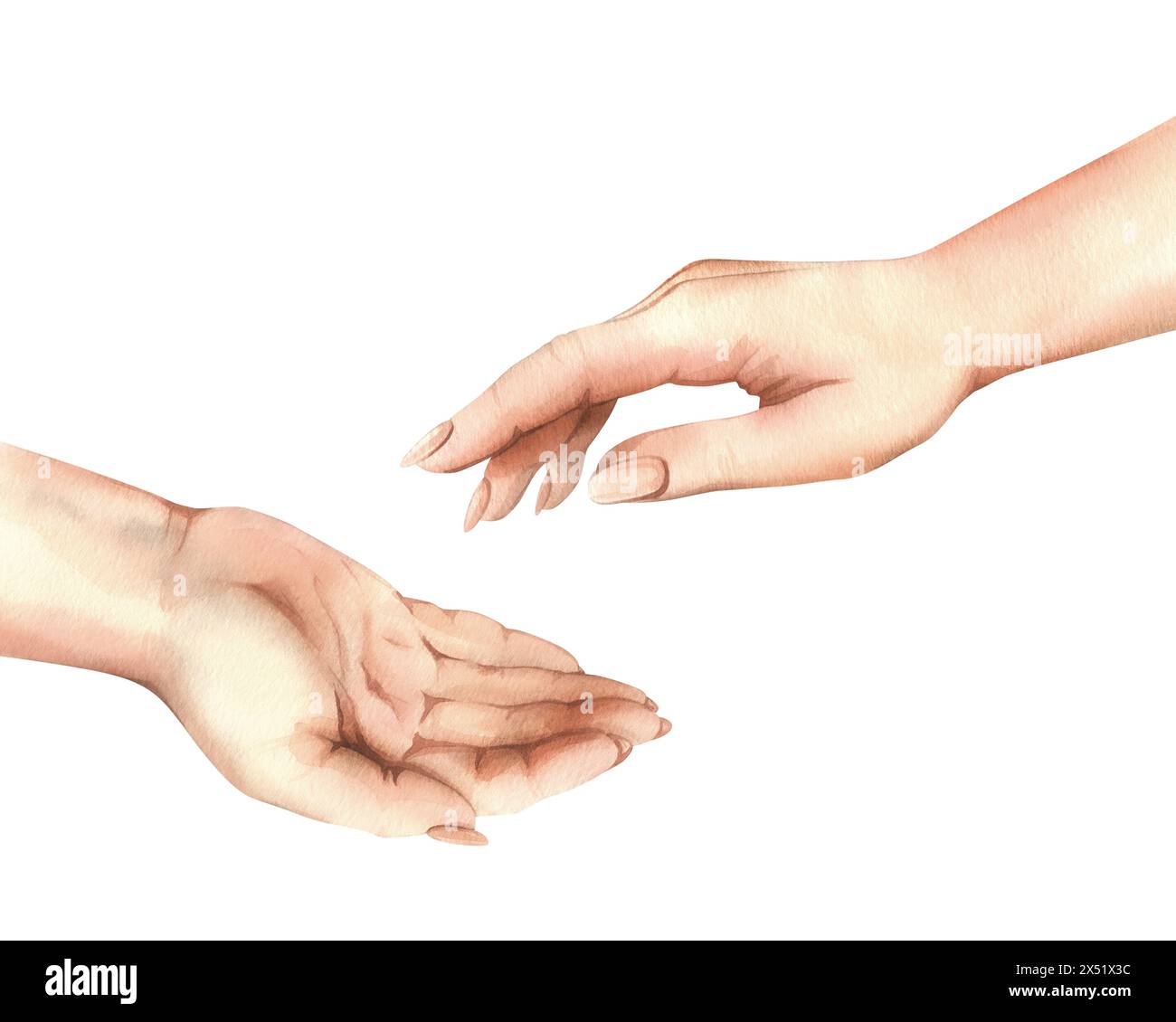 The hands of a white woman, one accepts the other gives. Realistic hand ...