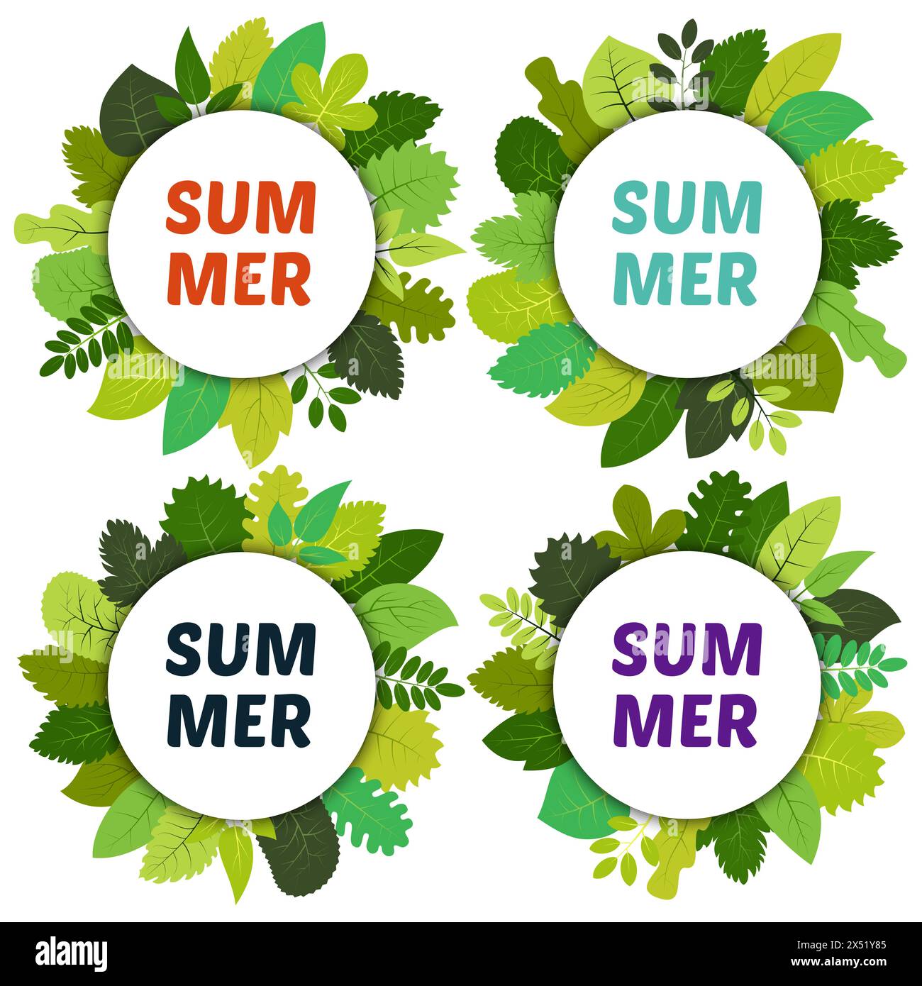 Set of four labels with green summer leaves under white rounds and ...