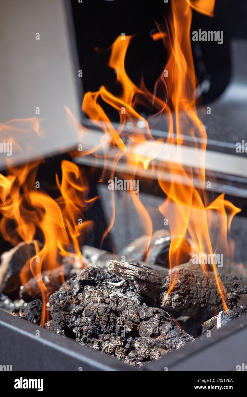 fire and embers for the barbecue, preparing to be ready to put on the ...