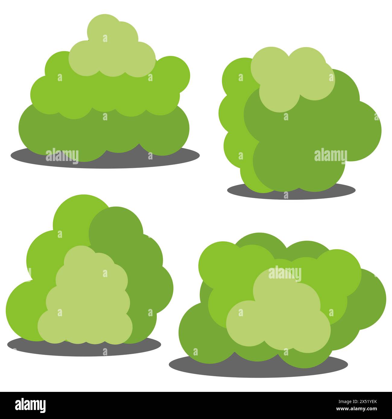 Set of four different cartoon green bushes isolated on white background ...