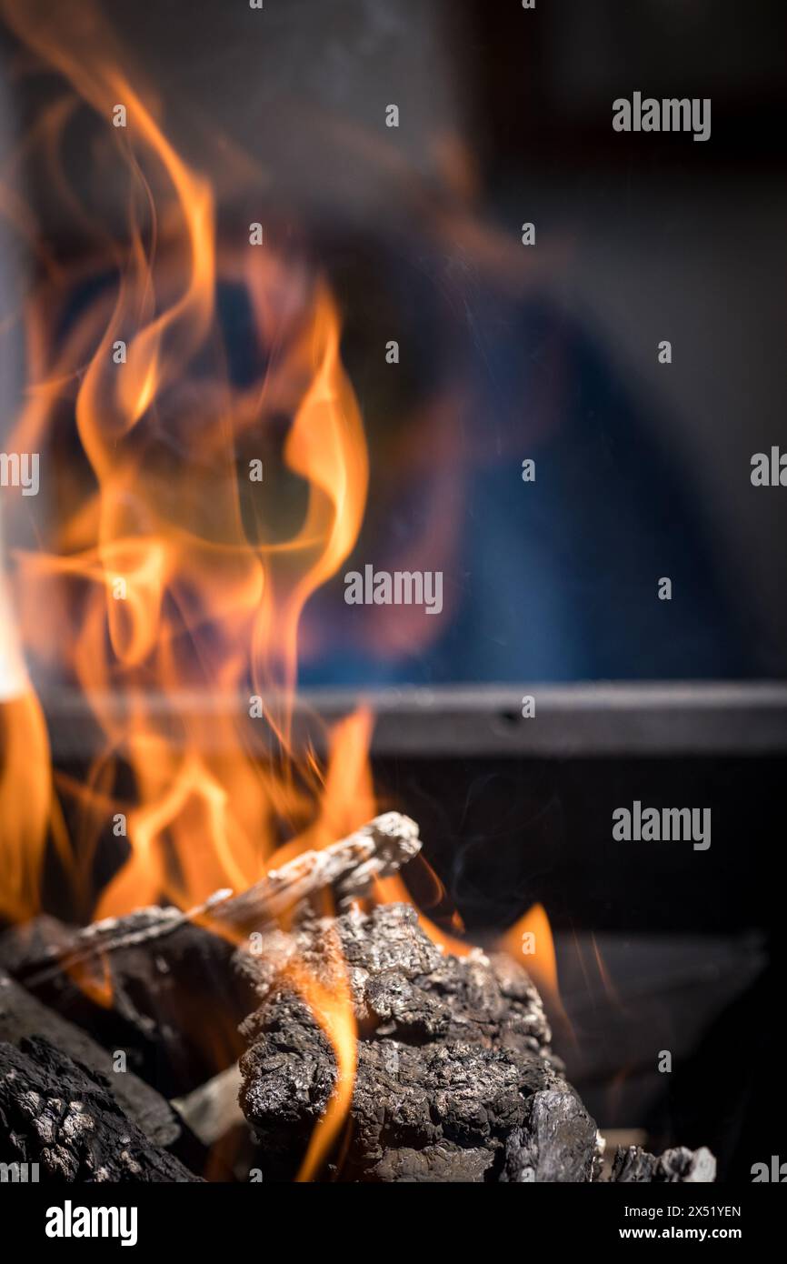 fire and embers for the barbecue, preparing to be ready to put on the ...