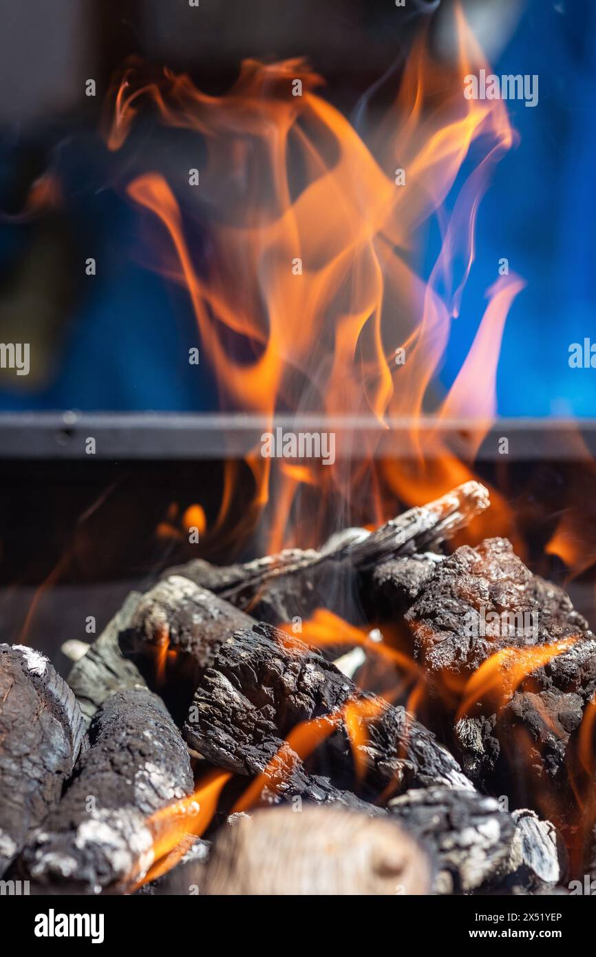 fire and embers for the barbecue, preparing to be ready to put on the ...