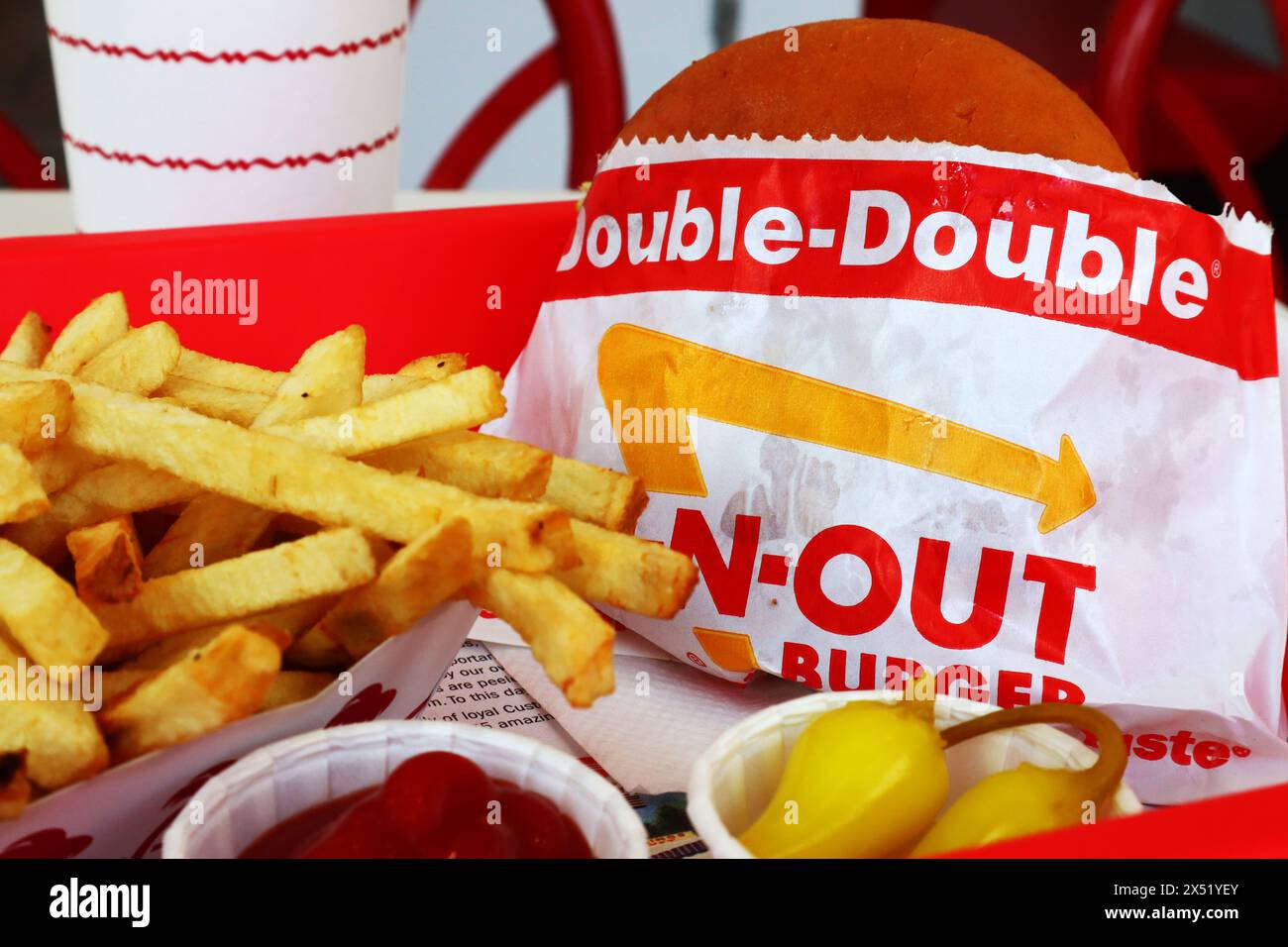 IN-N-OUT Burger, Double-Double Burger and French Fries in a tray on the ...