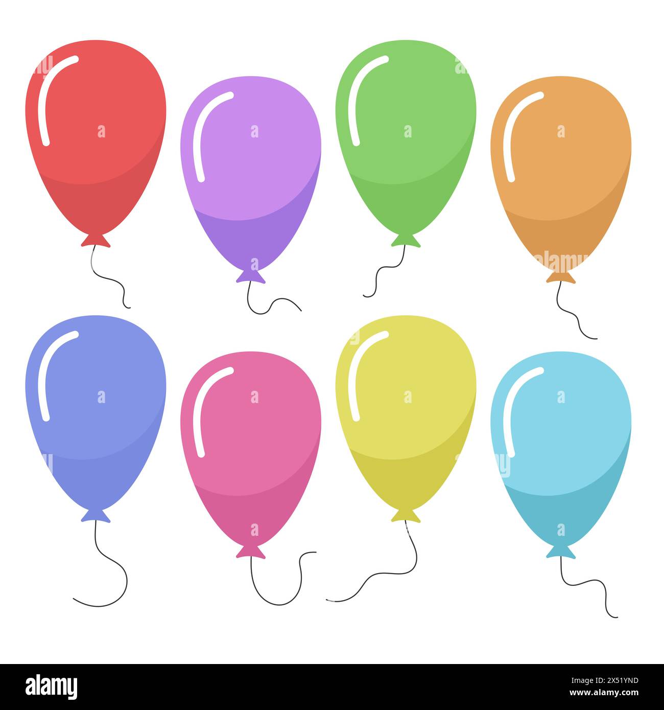 Set of eight colorful balloons with a string isolated on white ...