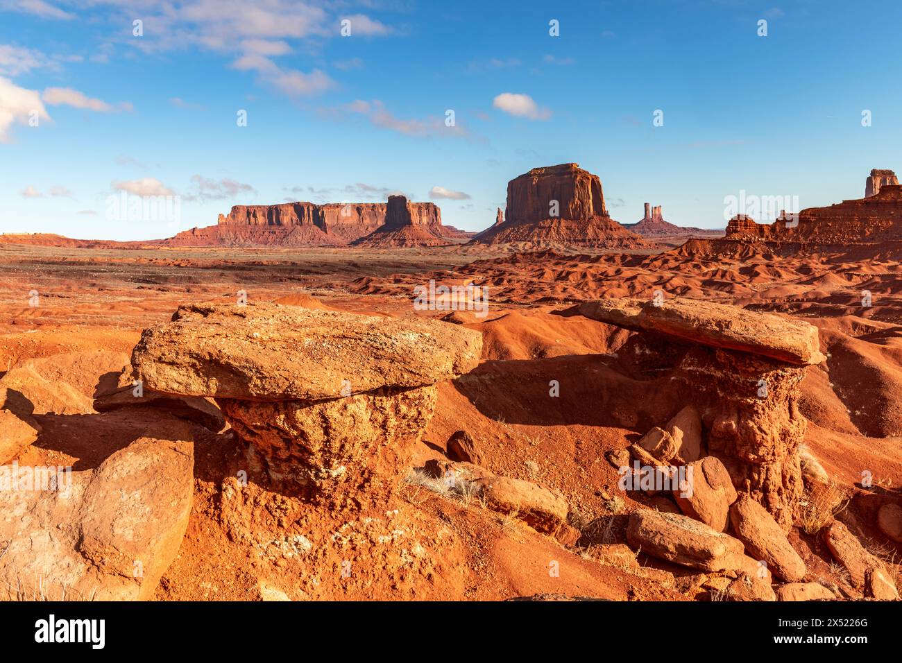 Rugged Monument Valley scenery with two toadstool formations resulting ...