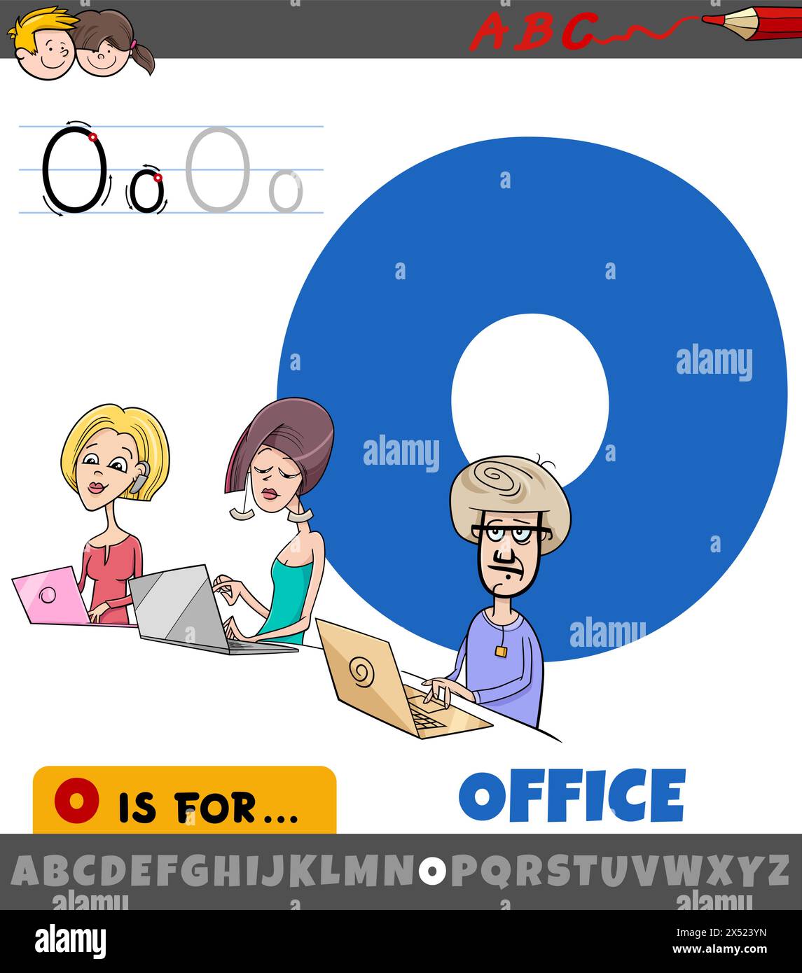 Educational cartoon illustration of letter O from alphabet with office ...