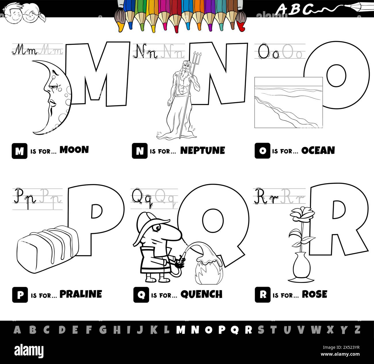 Black and white cartoon illustration of capital letters from alphabet ...
