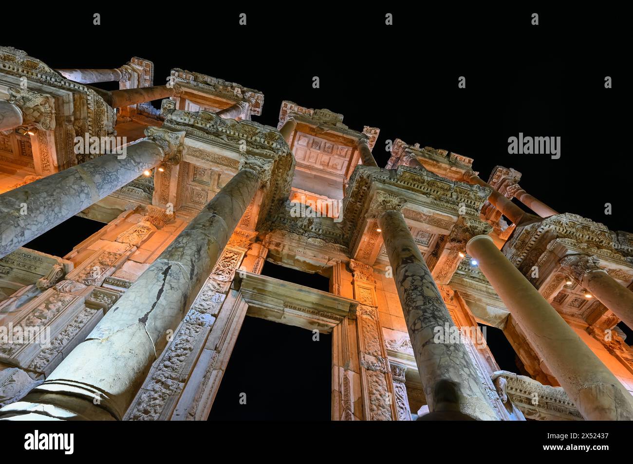 Illuminated night view of the Celsus library in the ancient city of ...