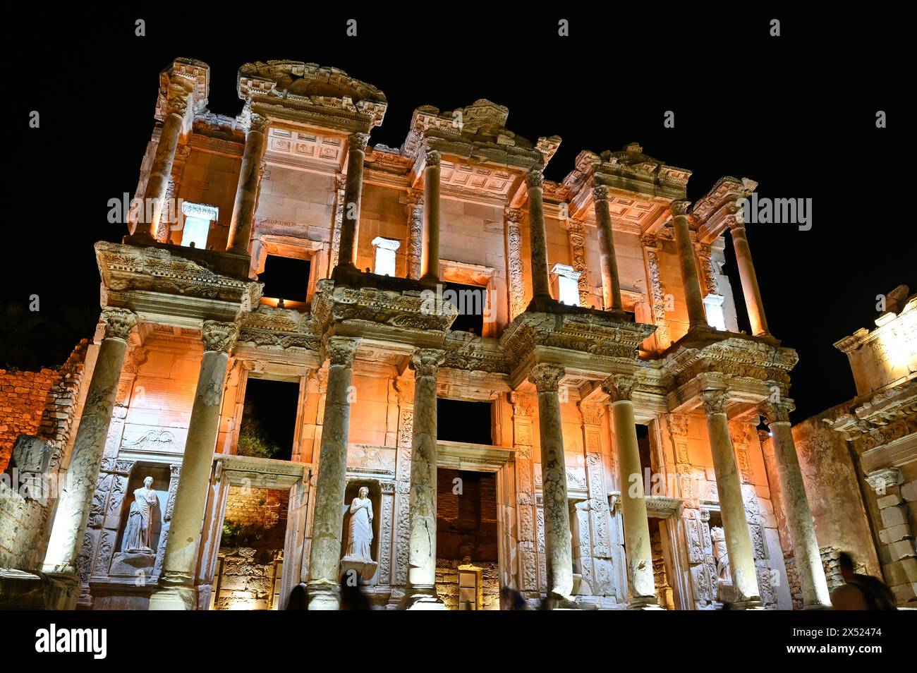 Illuminated night view of the Celsus library in the ancient city of ...