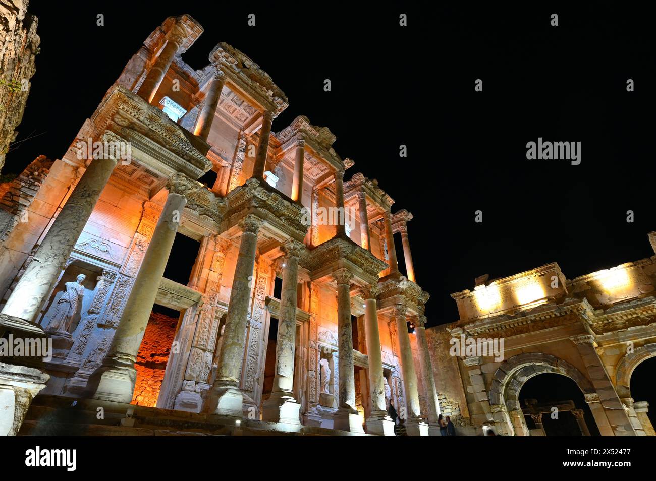 Illuminated night view of the Celsus library in the ancient city of ...