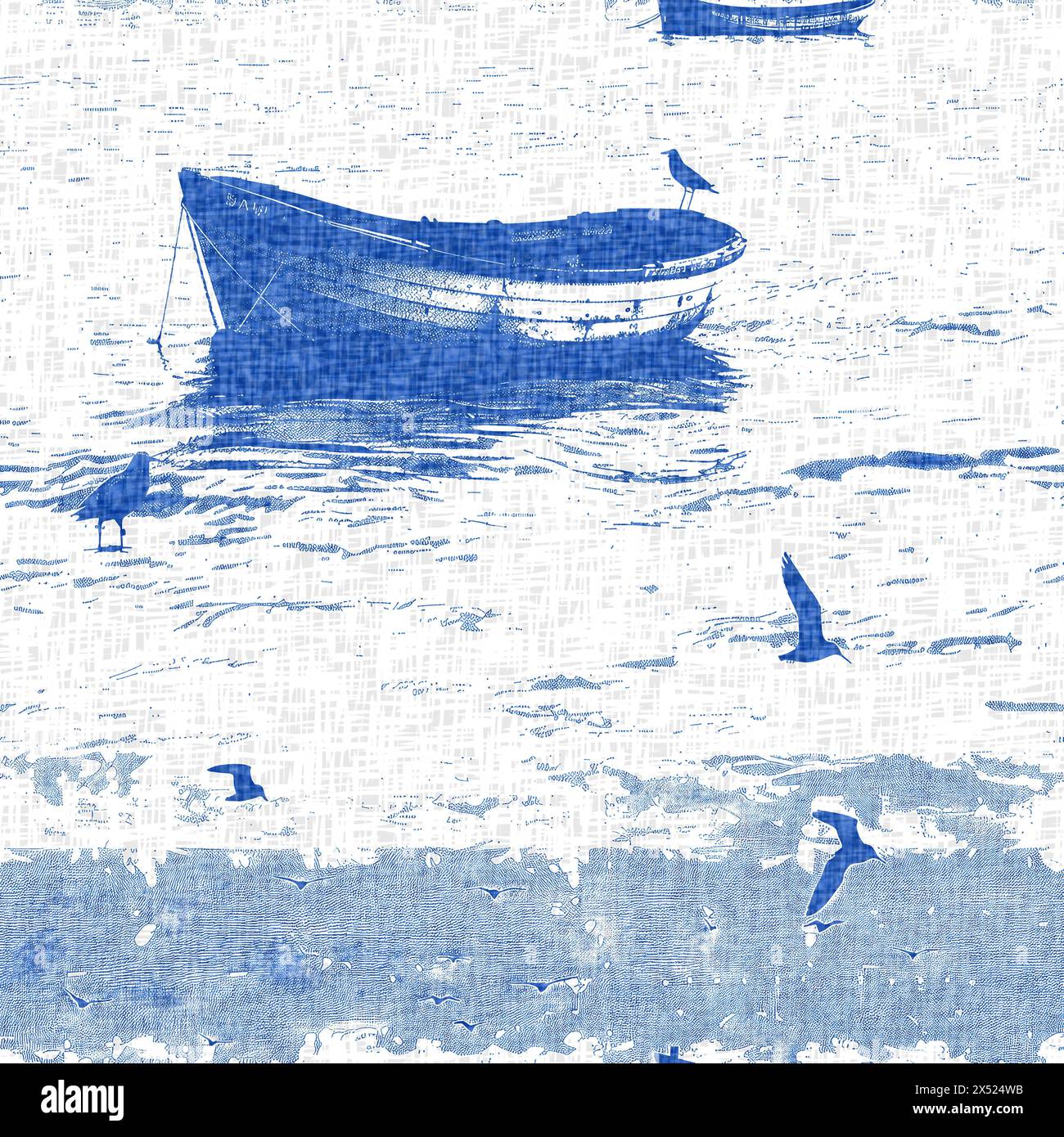 Coastal sail boat in azure ocean blue seamless background. Modern ...