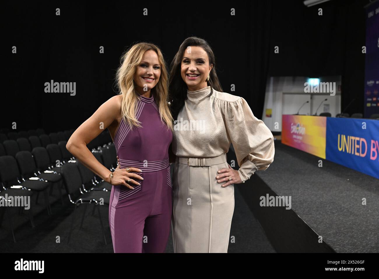 Hosts Malin Åkerman and Petra Mede at a press conference ahead of the ...
