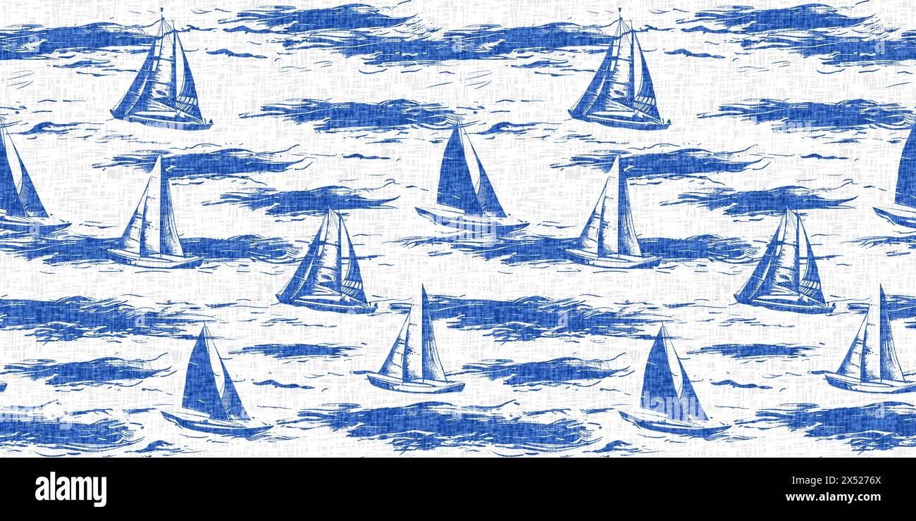 Coastal sail boat in azure ocean blue seamless border background ...