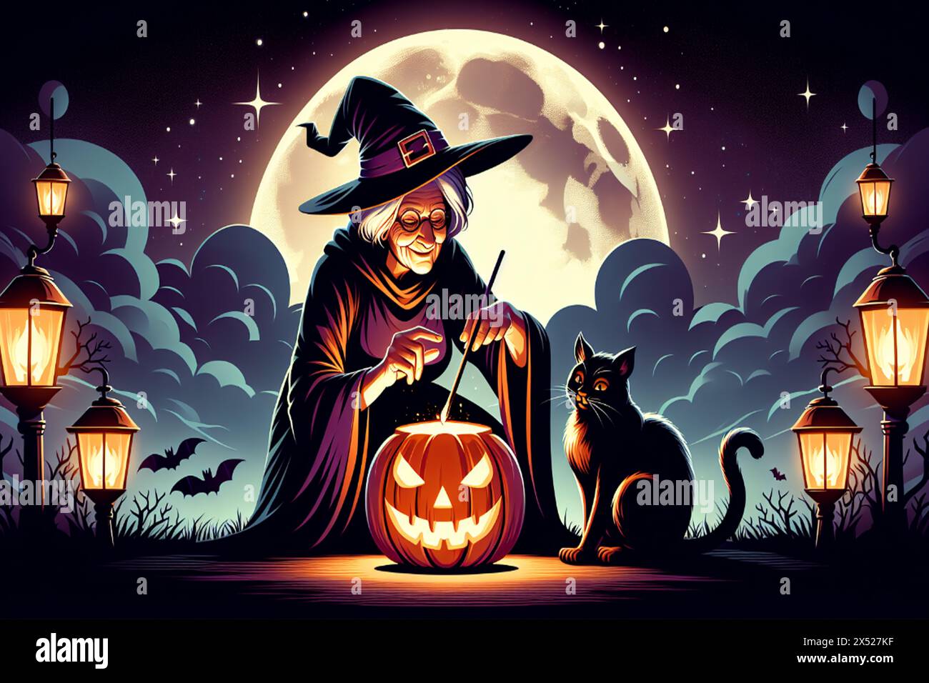 Spooky Halloween scenes, featuring a witch with her cat, jack o ...