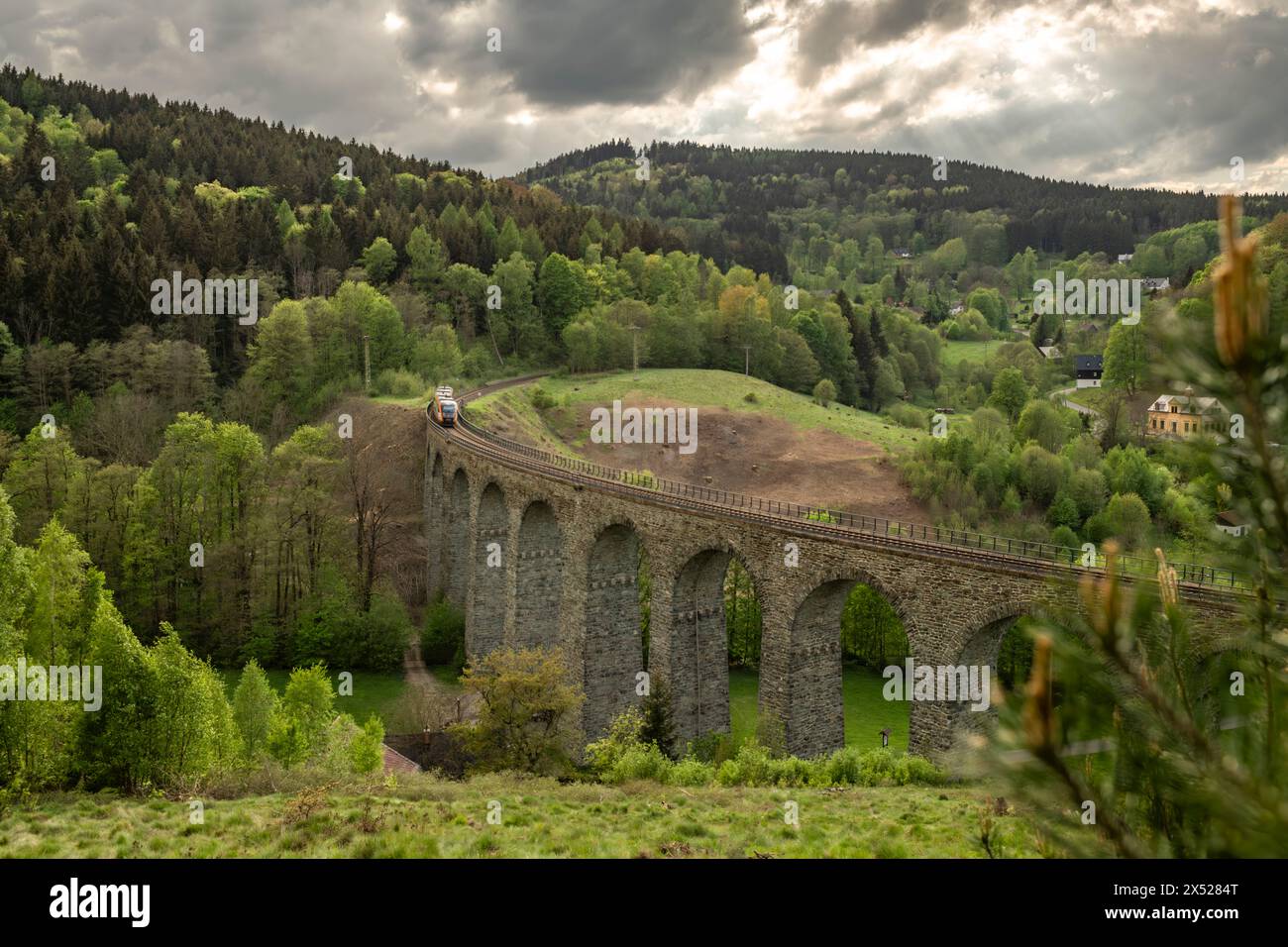 Old stone viaduct near in spring cloudy evening near Novina CZ 05 03 ...