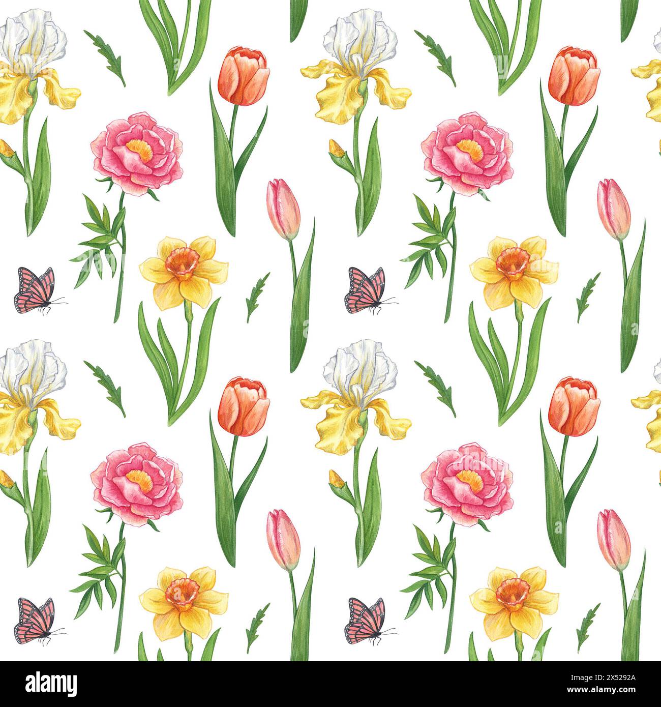Seamless pattern of spring flowers on a white background. Watercolor ...