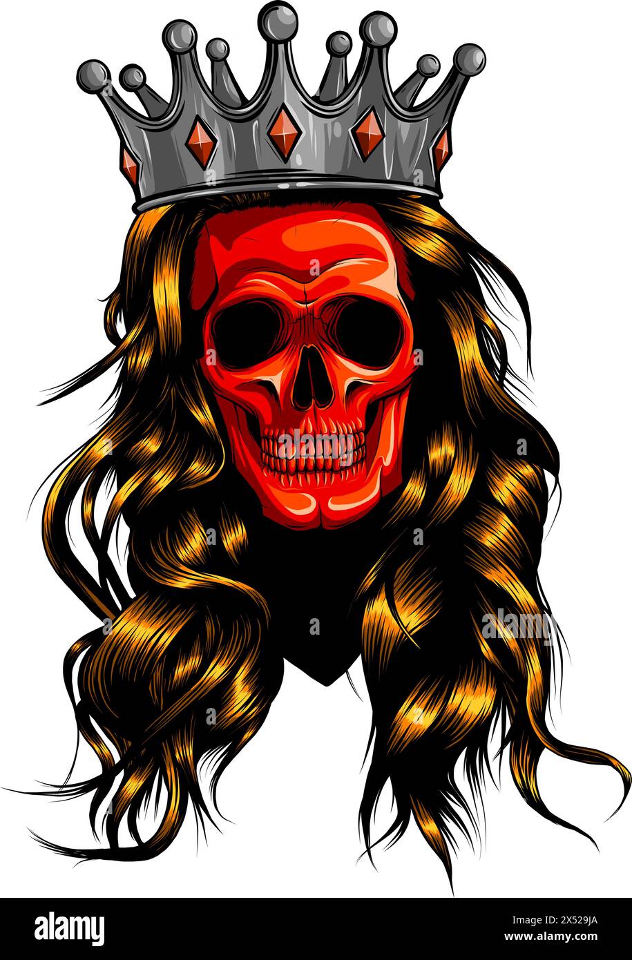 Female skull with a crown and long hair. Queen of death drawn in tattoo ...