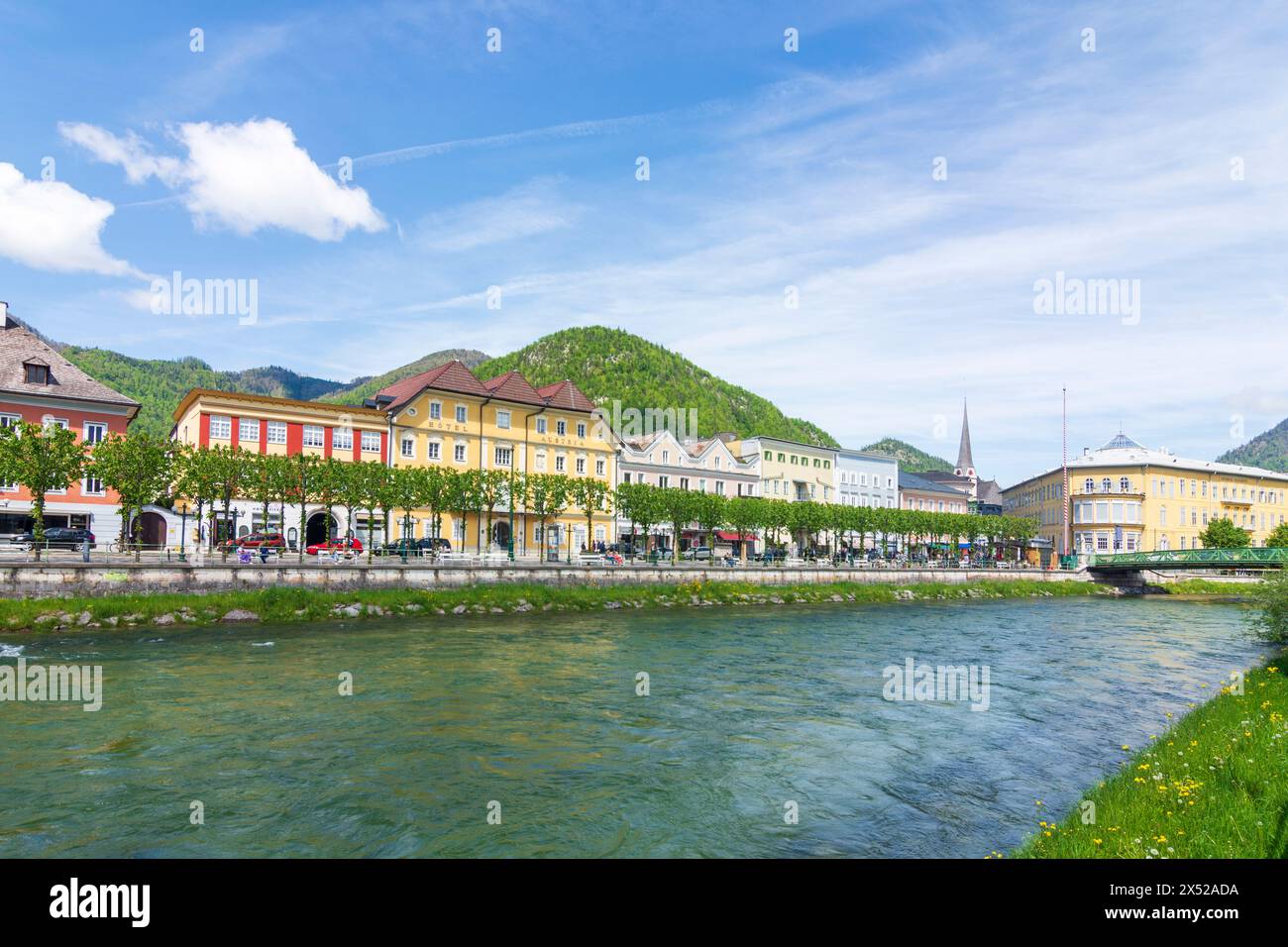 Bad Ischl: river Traun, street Esplanade, bridge Kaiserin-Elisabeth ...