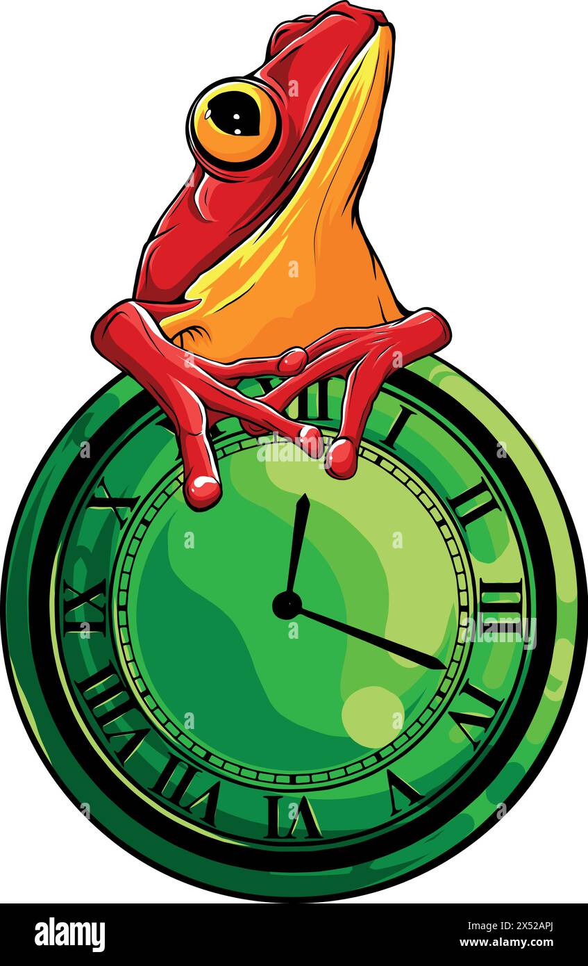 Funny cartoon frog with clock. Hand drawn vector illustration Stock ...