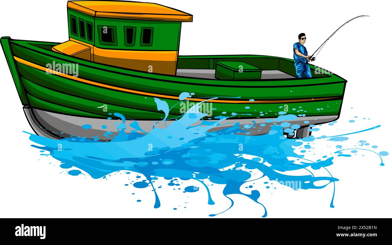 vector illustration of fishing boat on white background. digital hand ...