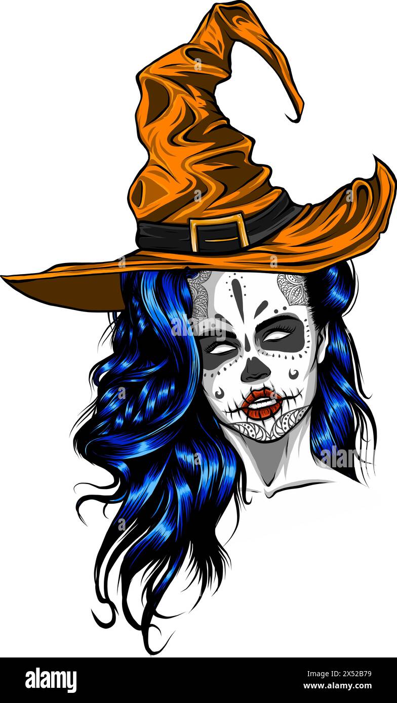 beautiful witch in a classic hat and coloured hair. vector illustration ...