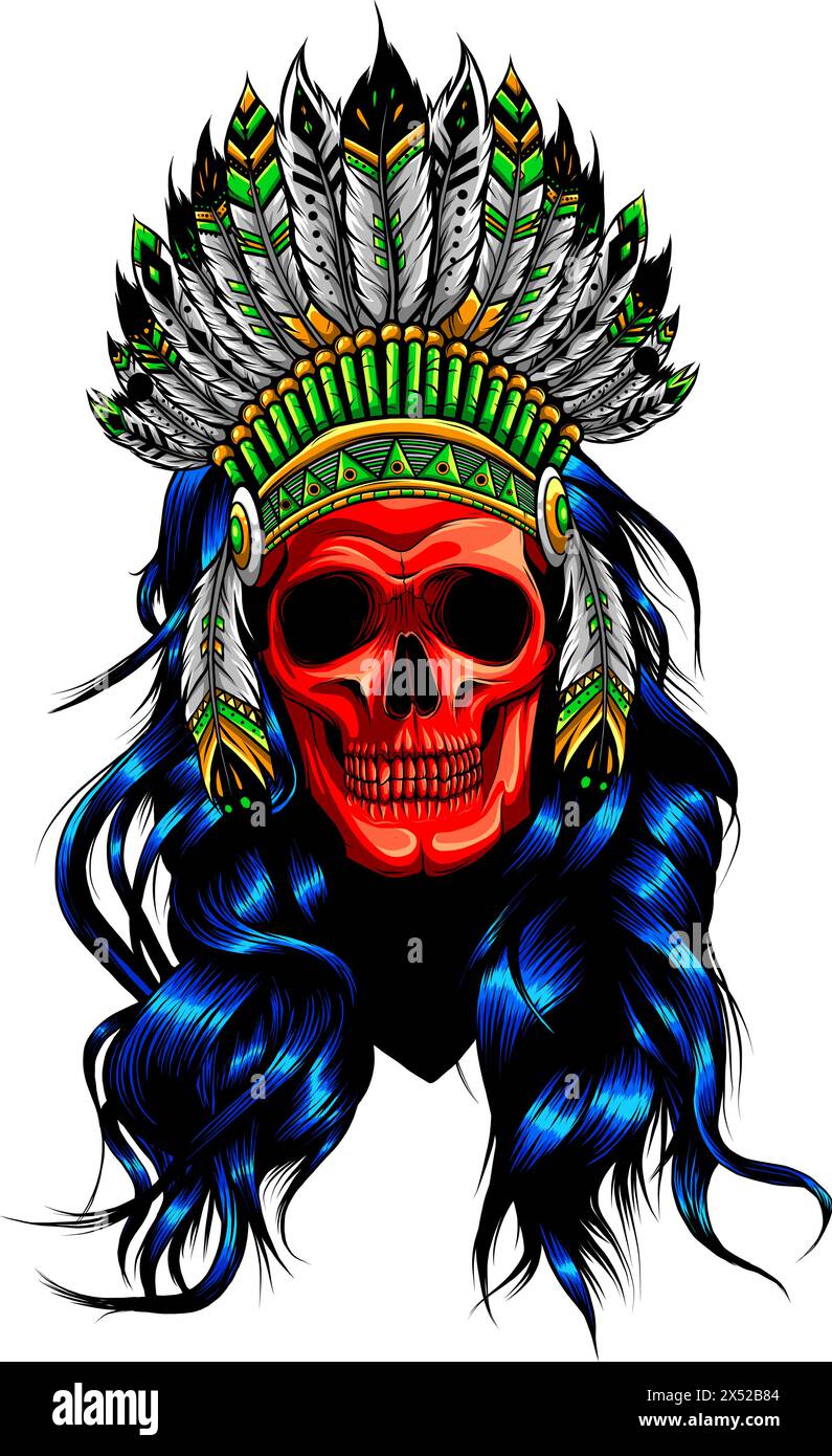 Hand Drawn Native American Indian Headdress With Human Skull. Vector ...