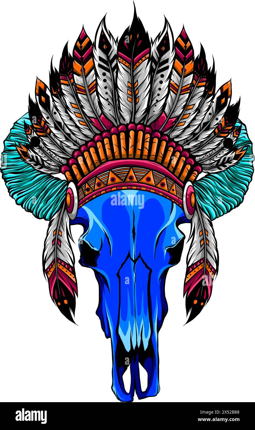 Hand drawn cow skull and feathers illustration. on white background ...