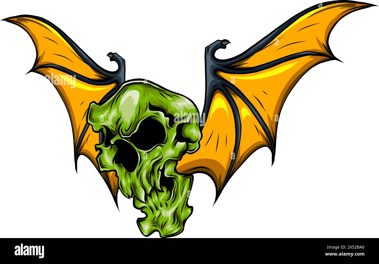 vector illustration of skull and bat wing on white background. digital ...
