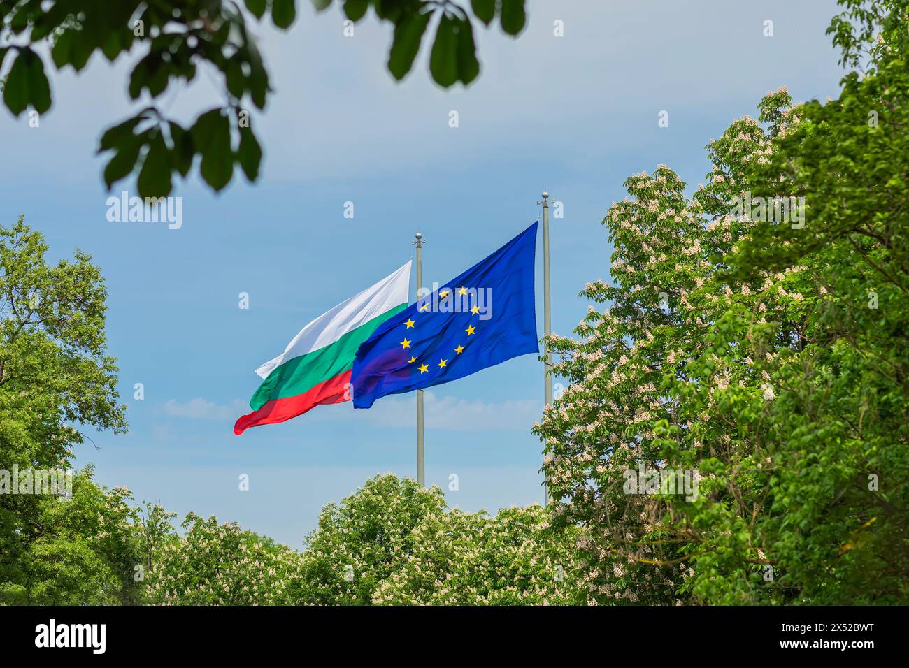 Blue flag of European Union and state national Bulgarian flag waving ...