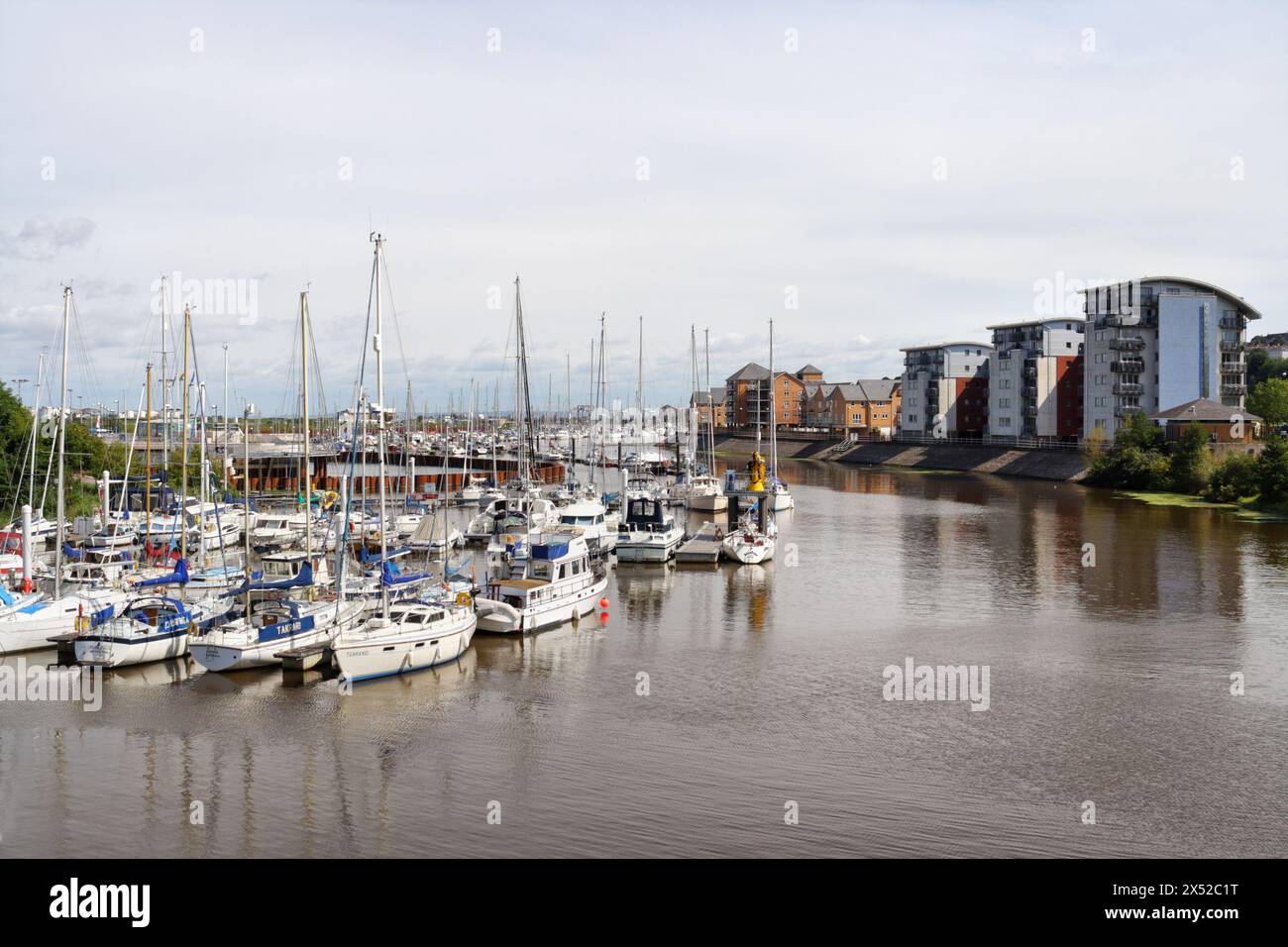 Boats moored River Ely and Chandlers quay marina, Cardiff Bay Wales ...