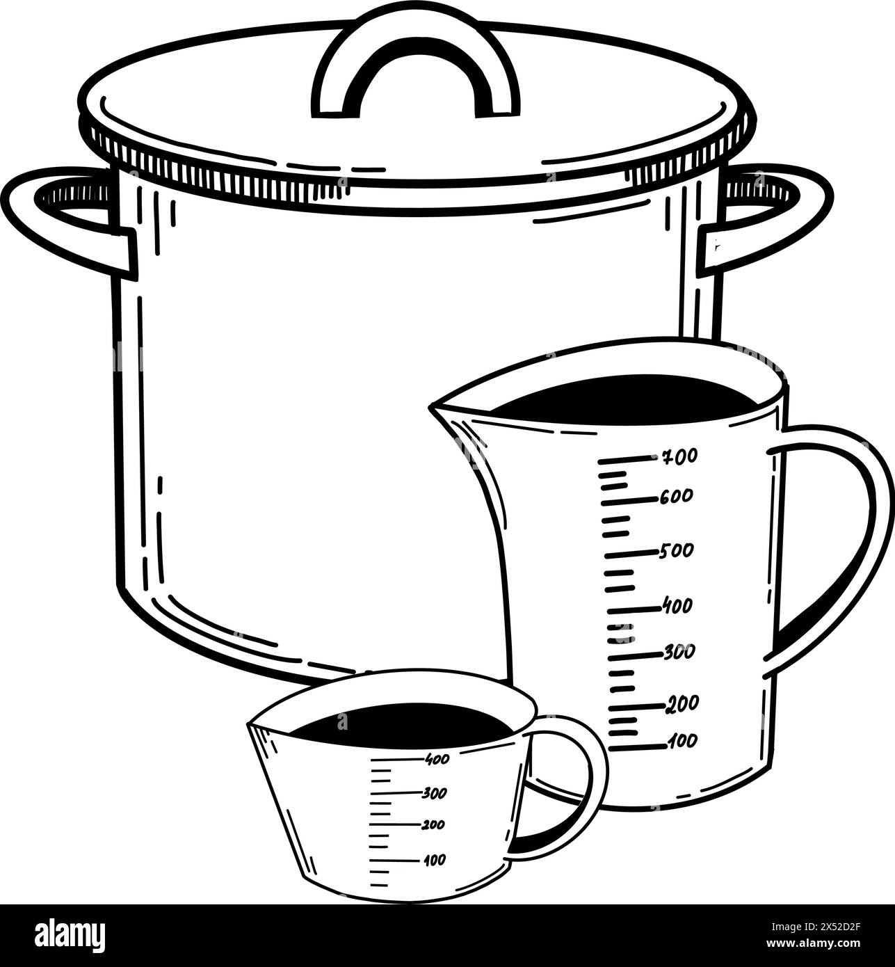 Composition of kitchen utensils. A saucepan, measuring cups for cooking ...