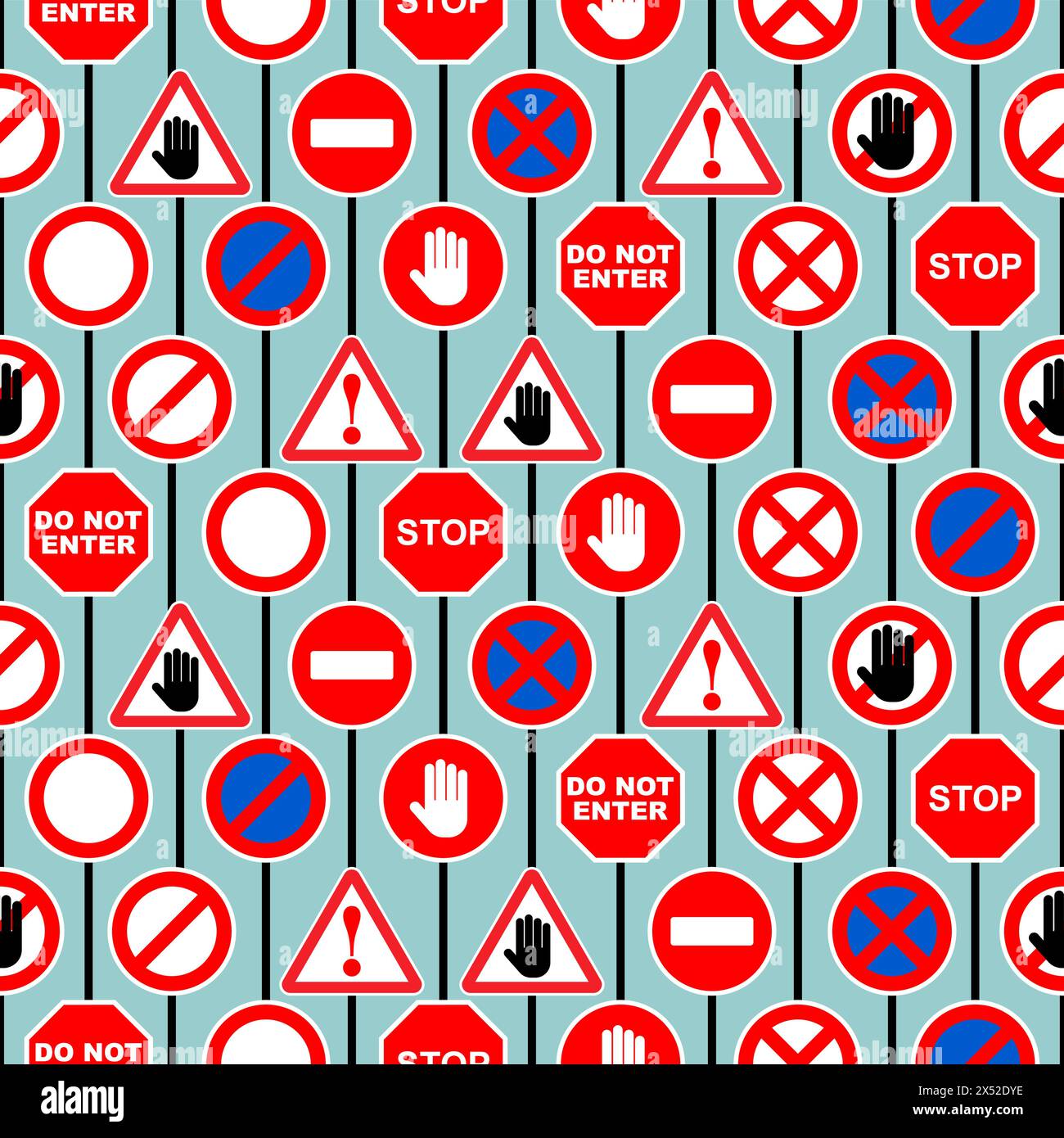 Set of road prohibition signs pattern seamless. Red sign of danger and ...