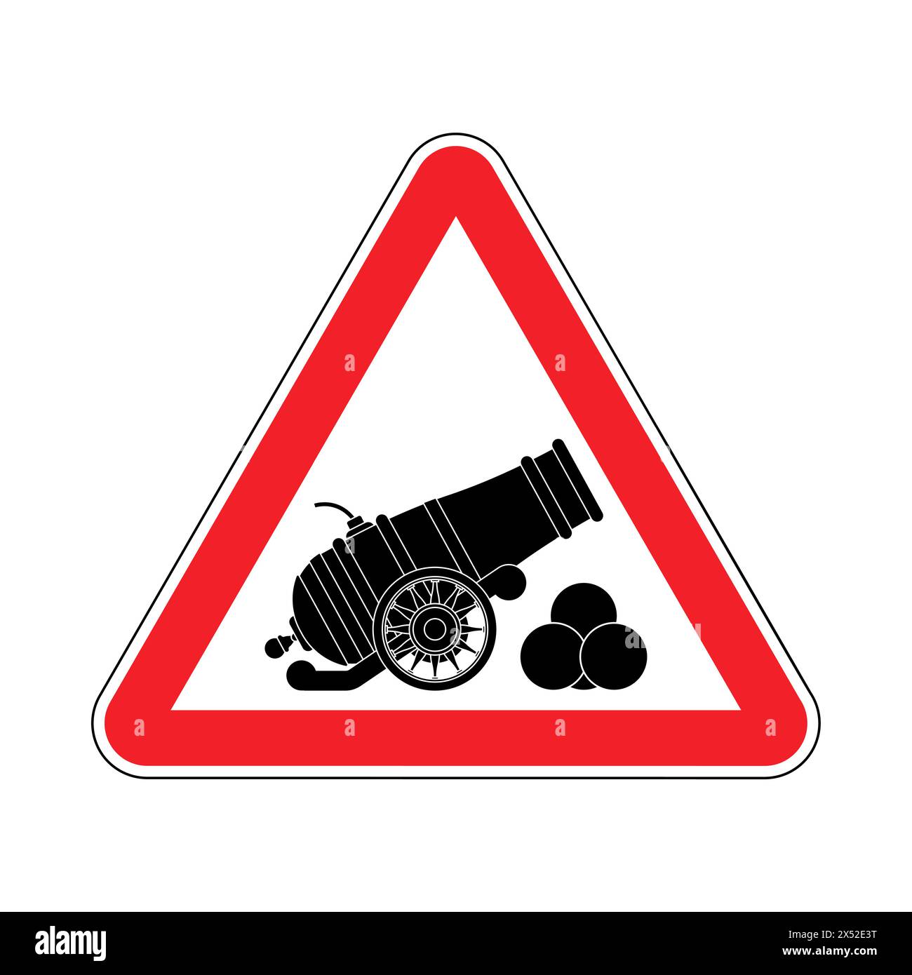 Attention Ancient cannon. Caution cannon with gun carriag. Triangular ...