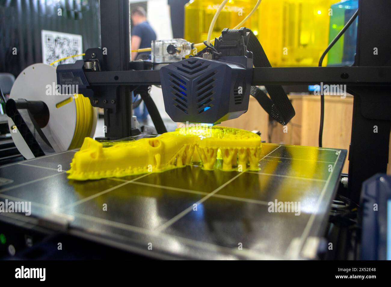 3D printer printing object close-up. Process creating three-dimensional model on 3d printer ...